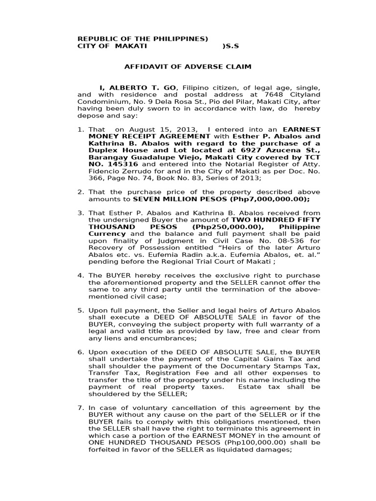 Adverse Claim Earnest Money Agreement Alberto Go | PDF | Civil Law ...