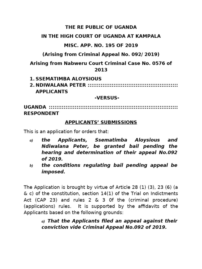 Submissions Bail Pending Appeal Ssematimba Aloysious | PDF | Bail ...