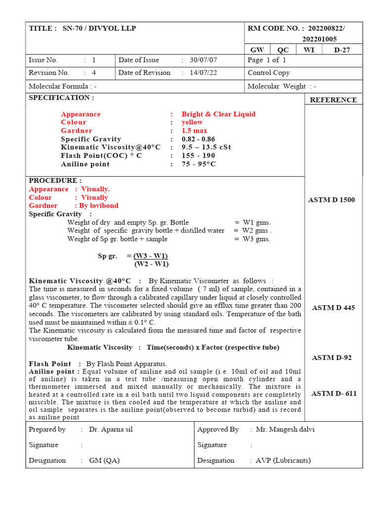Specification of SN 70 Yellow | PDF | Viscosity | Liquids