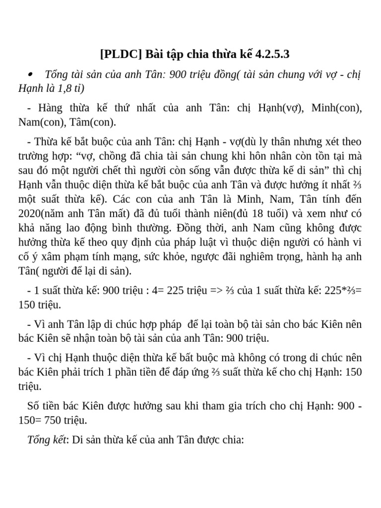 (PLDC) Bài tập chia thừa kế 4.2.5.3 | PDF