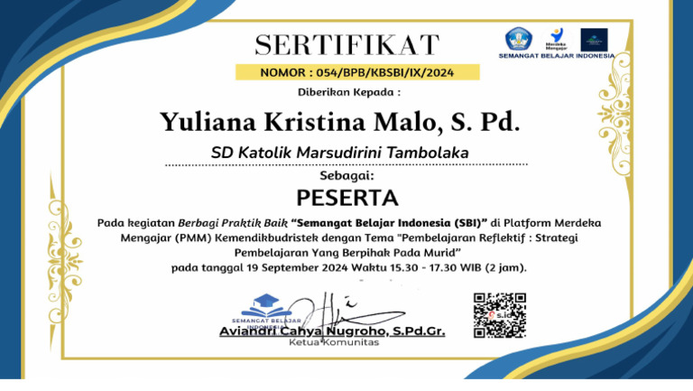 SERTIFIKAT Yuliana Kristina Malo, S. Pd. BERBAGI PRAKTIK BAIK PEMBELAJARAN REFLEKTIF | PDF