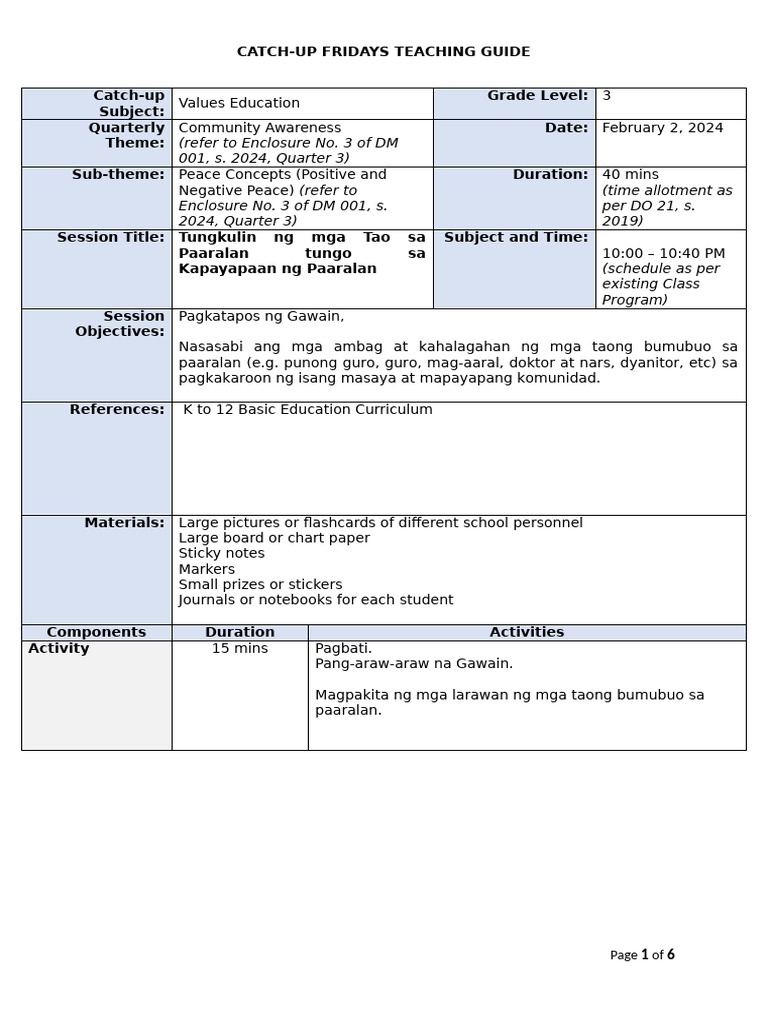 Teaching Guide Catchup AP Peace Ed Grade 1v1 | PDF