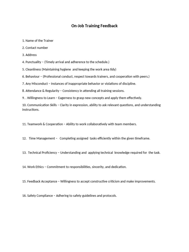 On-Job Training Feedback Criteria | PDF