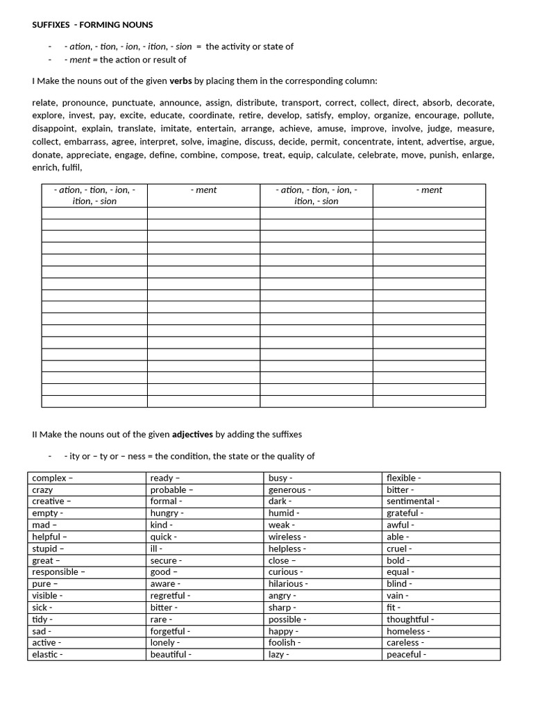 SUFFIXES Nouns Adjectives | PDF | Adjective | Noun