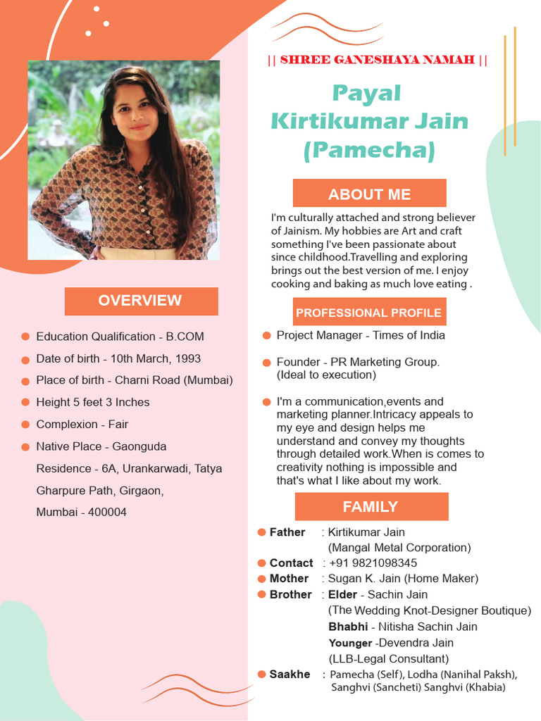 Marriage Biodata Payal Jain - Compressed | PDF | Nontheism | Nāstika