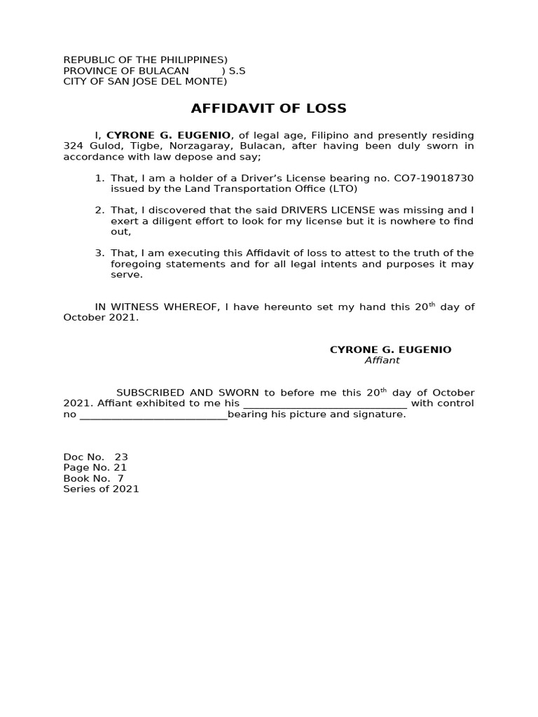 Aff. of Loss DRIVERS LICENSE DACANAY | PDF