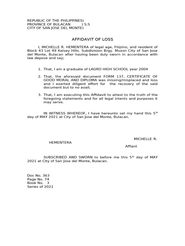 Aff. of Loss Diploma High School | PDF