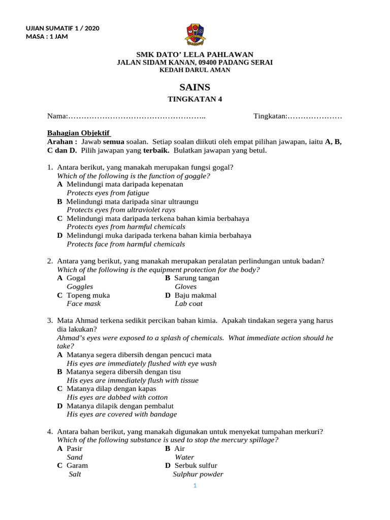 Ujian Sumatif 1 F4 2020 | PDF