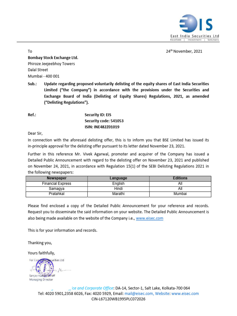 East India Securities Delisting Update | PDF