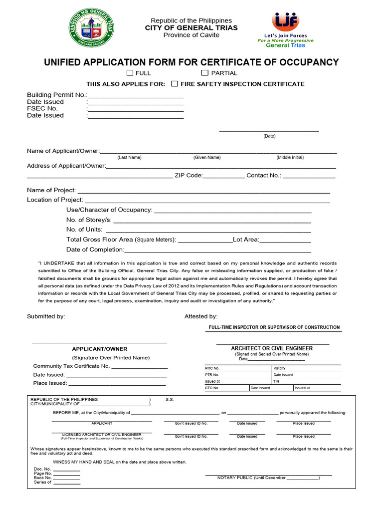 Unified Application Form For Certificate of Occupancy | PDF