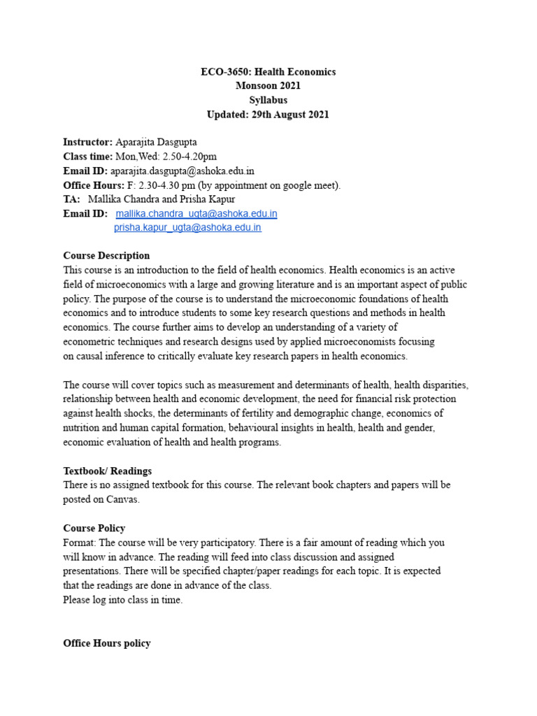 Health Economics Course Syllabus | PDF | Economics | Academic Publishing