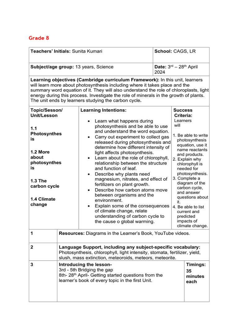 Grade 8 Photosynthesis Unit Plan | PDF | Photosynthesis | Plants