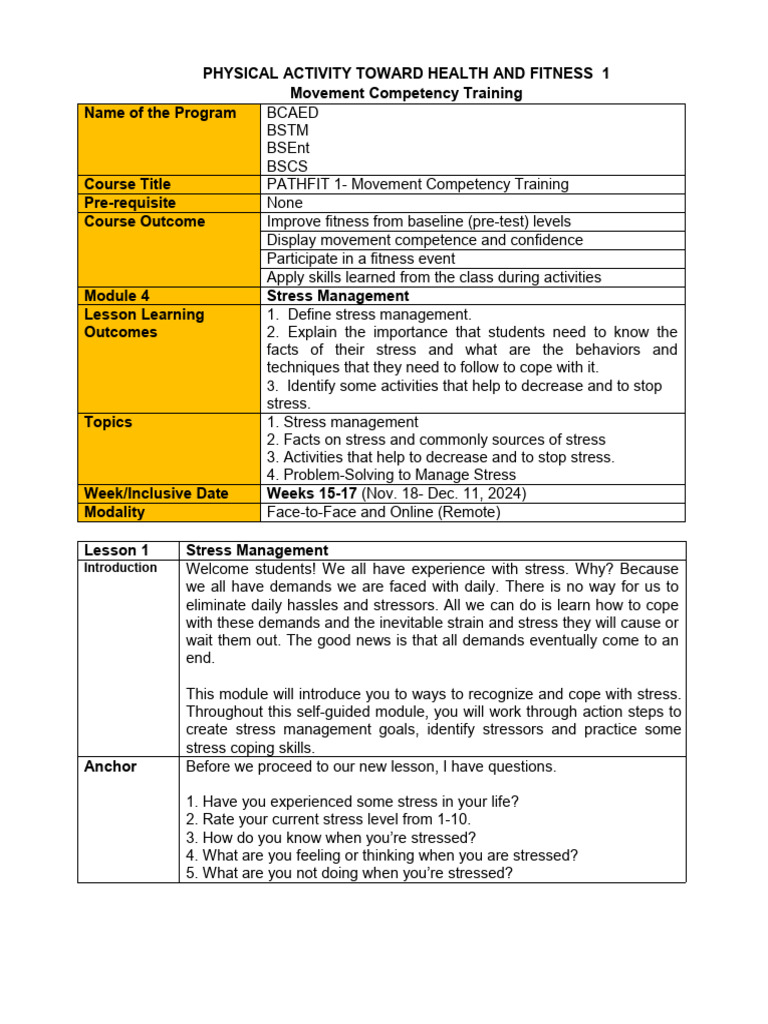 PATHFIT 1 MODULE 4 ASSESSMENT IN LEARNING 2 - Module 1 | PDF | Stress ...