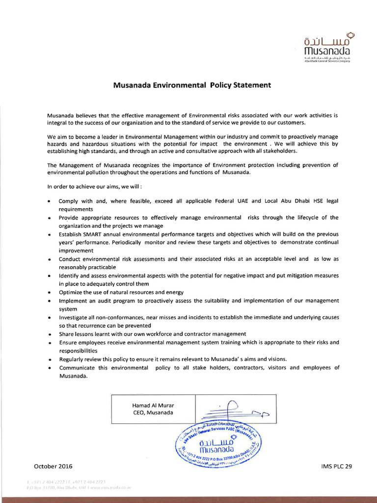 Musanada Enviromental Policy Statement | PDF