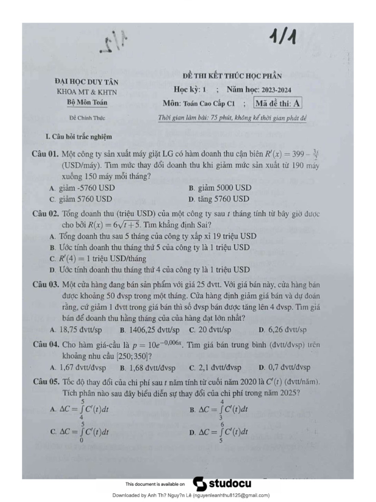 ĐỀ TOÁN CC1 CUỐI KÌ 1 | PDF