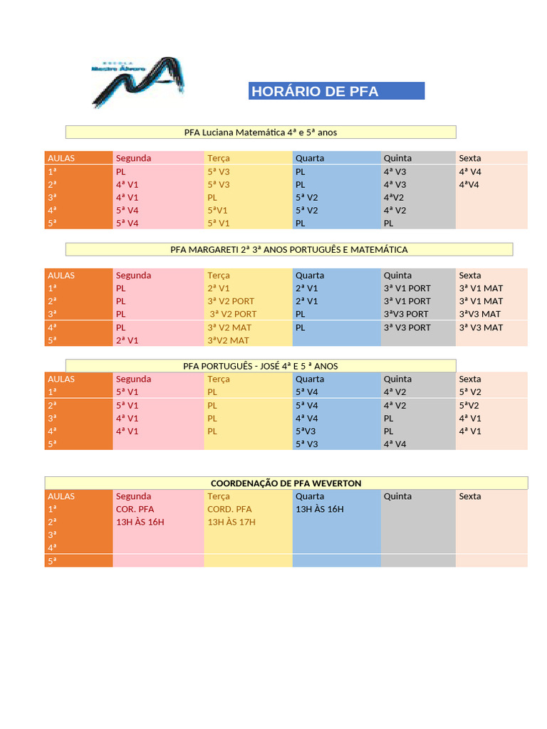HORÁRIOS DE PFA | PDF