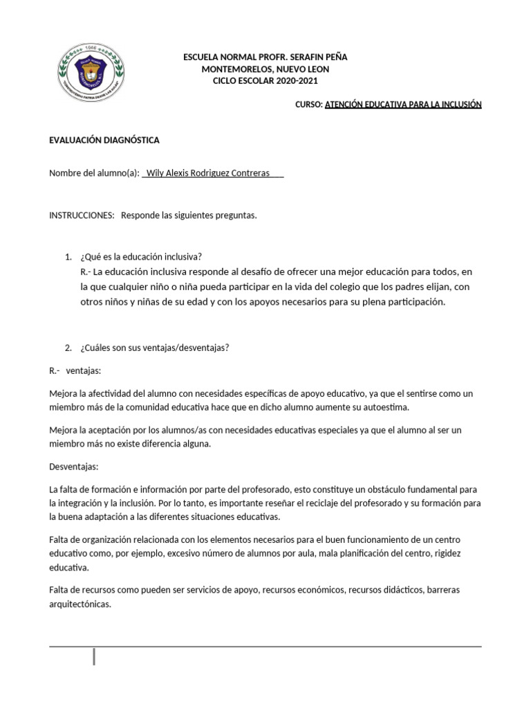 Actividad Diagnóstica Aei | PDF | Inclusión (Educación) | Aprendizaje