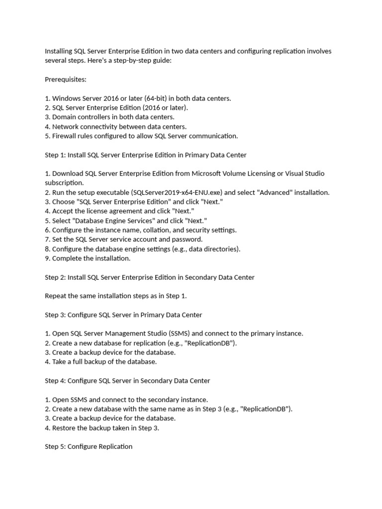 Installing SQL Server Enterprise Edition in Two Data Centers and Configuring Replication ...