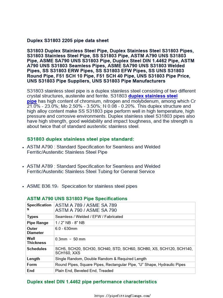 Duplex S31803 2205 Pipe Data Sheet | PDF | Stainless Steel | Pipe ...