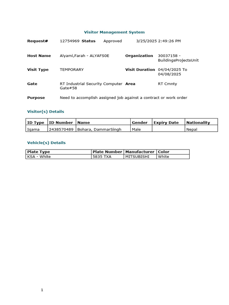 Approved Visitor Management Request | PDF