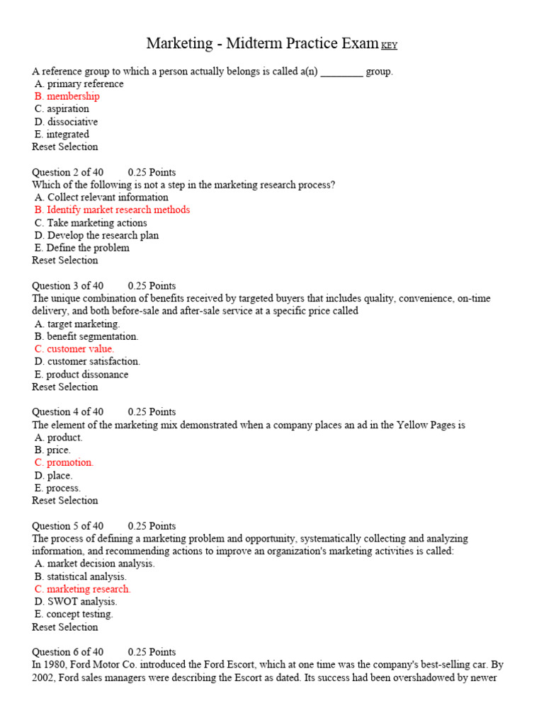 Marketing Midterm Exam Practice Key | PDF | Marketing | Swot Analysis