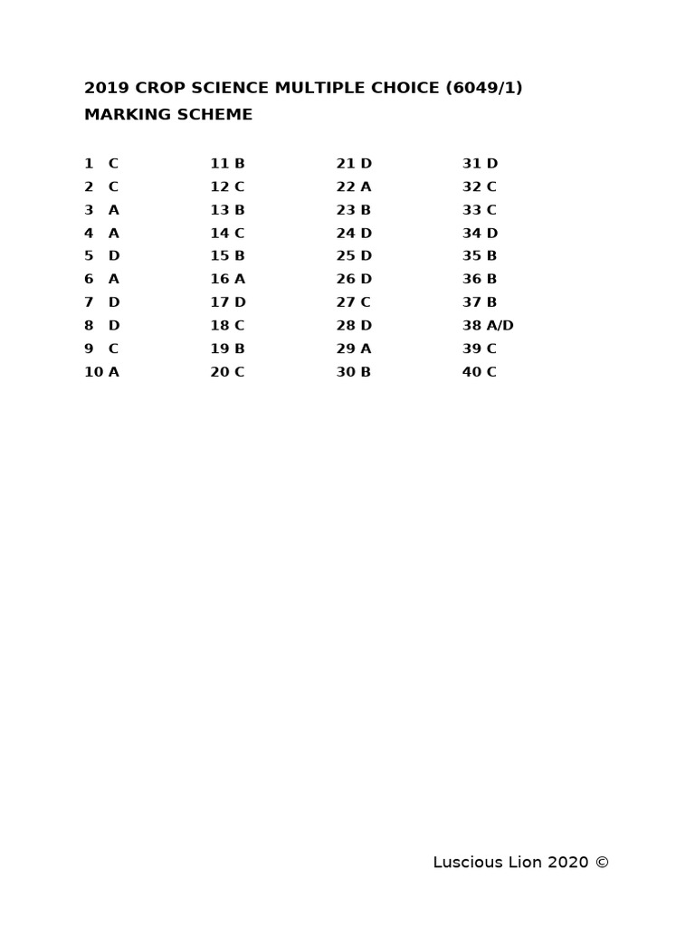 2019 Crop Science MCQ Marking Scheme | PDF