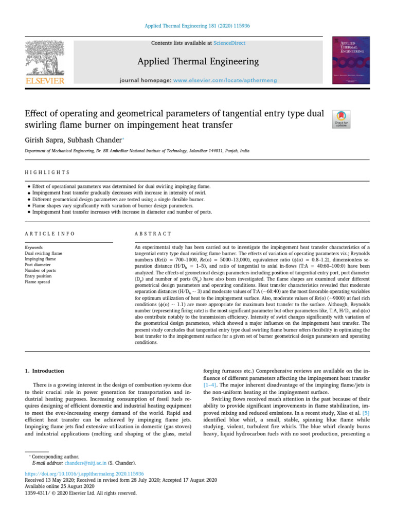 Effect of Operating and Geometrical Parameters of Tangential Entry Type Dual Swirling Flame ...
