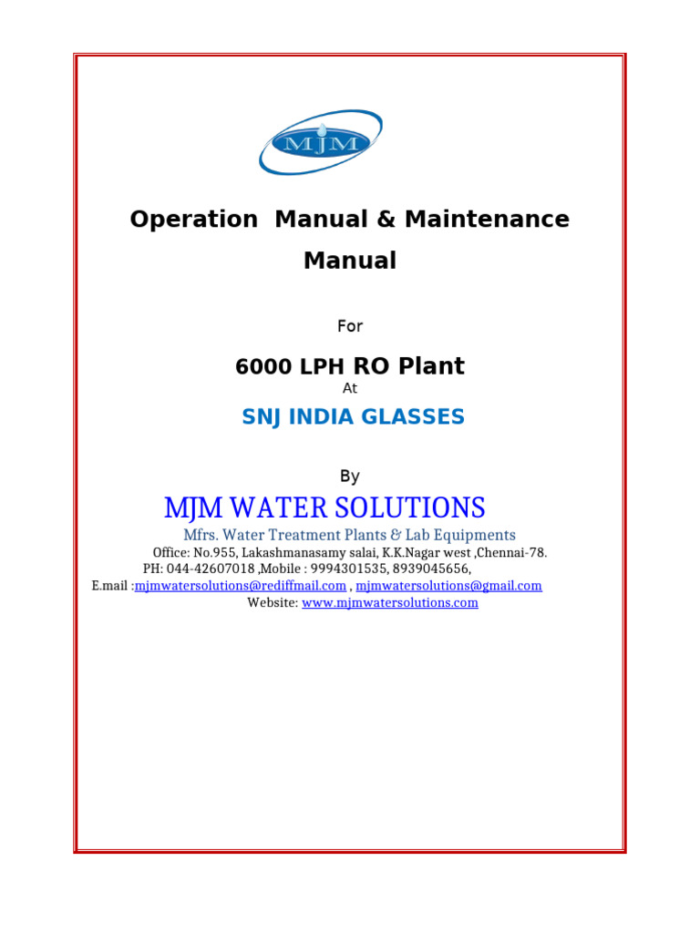 RO Plant Operation Manual - 6000 LPH | PDF | Water | Water Treatment