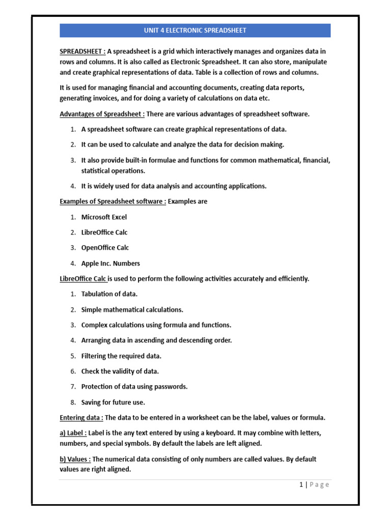 Unit 4 Electronic Spreadsheet ICT 402 | PDF | Spreadsheet | Worksheet