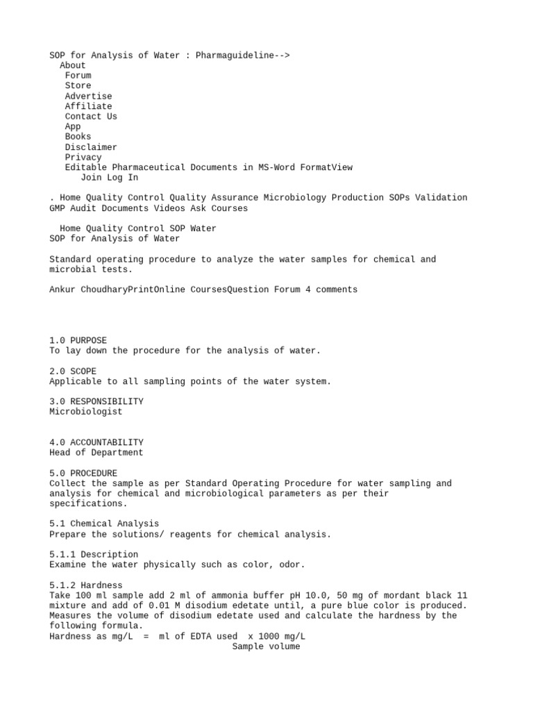 SOP For Analysis of Water Pharmaguideline | PDF | Chemistry