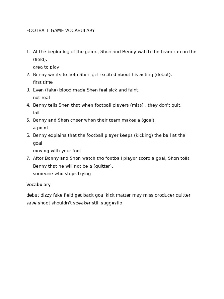 Football Game Vocabulary Guide | PDF