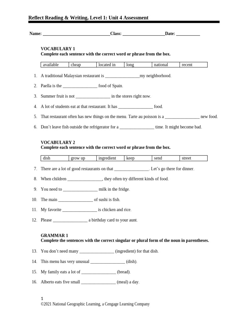 Reflect RW1 Assessment AnswerKey Unit04 | PDF | Lunch | Sushi