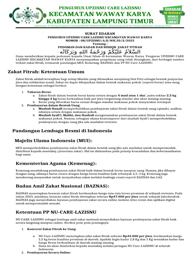 Surat Edaran Zakat Fitrah MWC Upzisnu Care Lazisnu WK | PDF