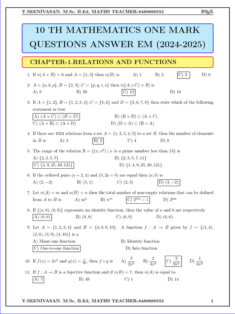 10th Grade Math One Mark Questions | PDF