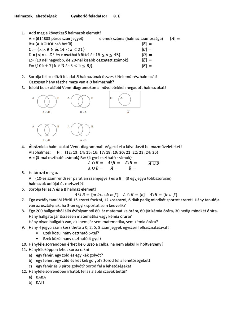 8E_Halmazok_lehet-s-gek_gyakorl- feladatsor (3) | PDF