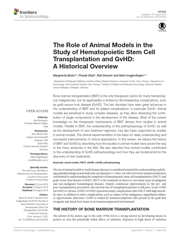 The Role of Animal Models in the Study of Hematopoietic Stem Cell ...
