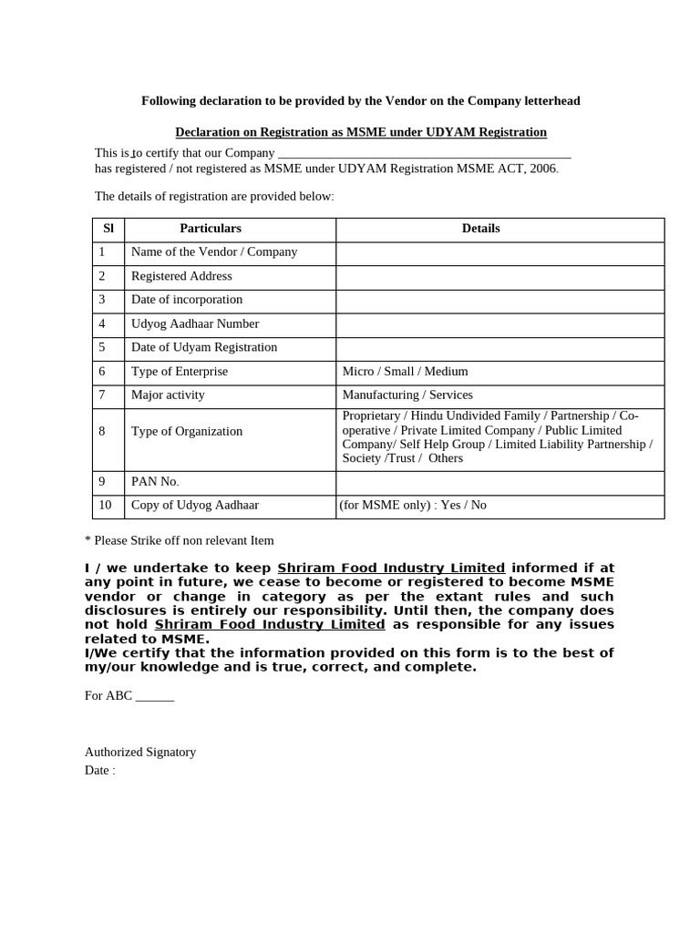 Declaration On Registration As MSME | PDF
