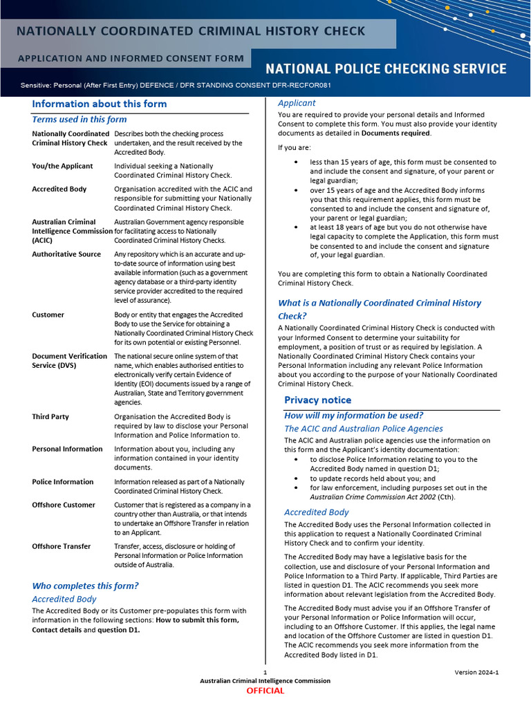 National Criminal History Check Form | PDF | Criminal Record | Identity ...