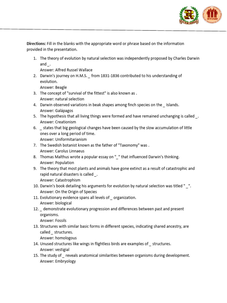 GEN BIO 2 REVIEWER Answer Key | PDF | Evolution | Charles Darwin