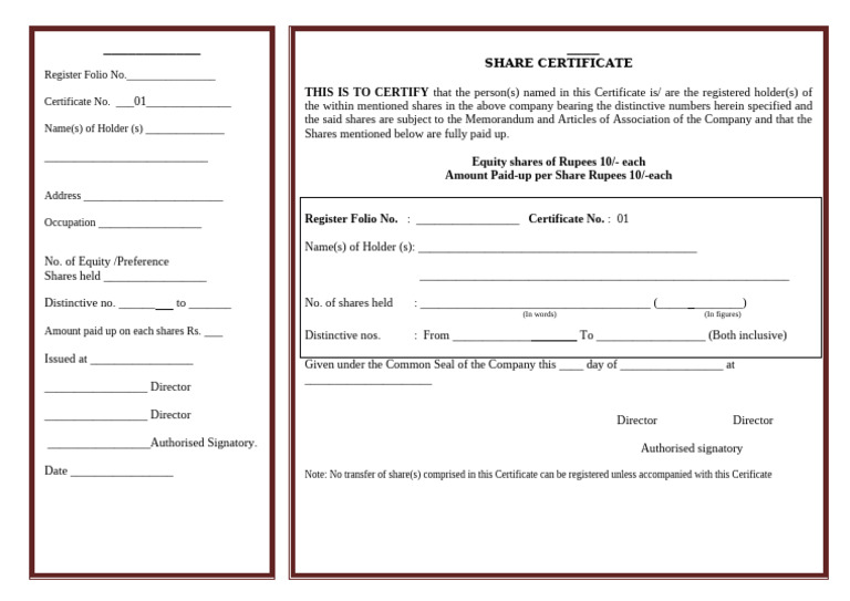 Share Certificate Front Part | PDF