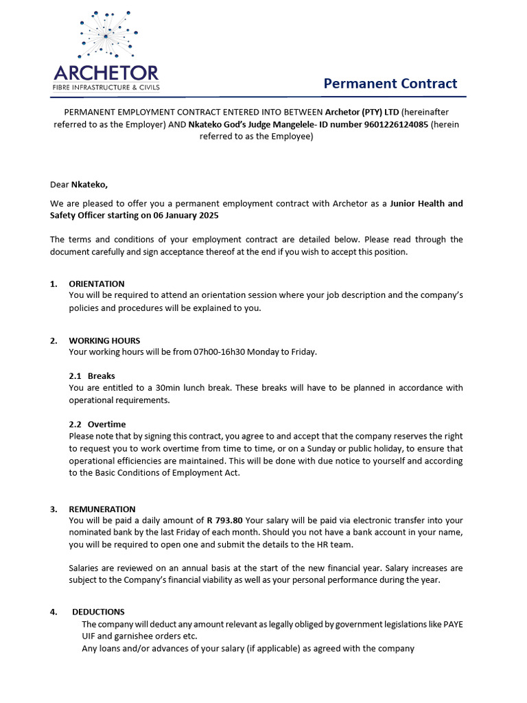 Archetor Permanent Employment Contract | PDF | Employment | Sick Leave