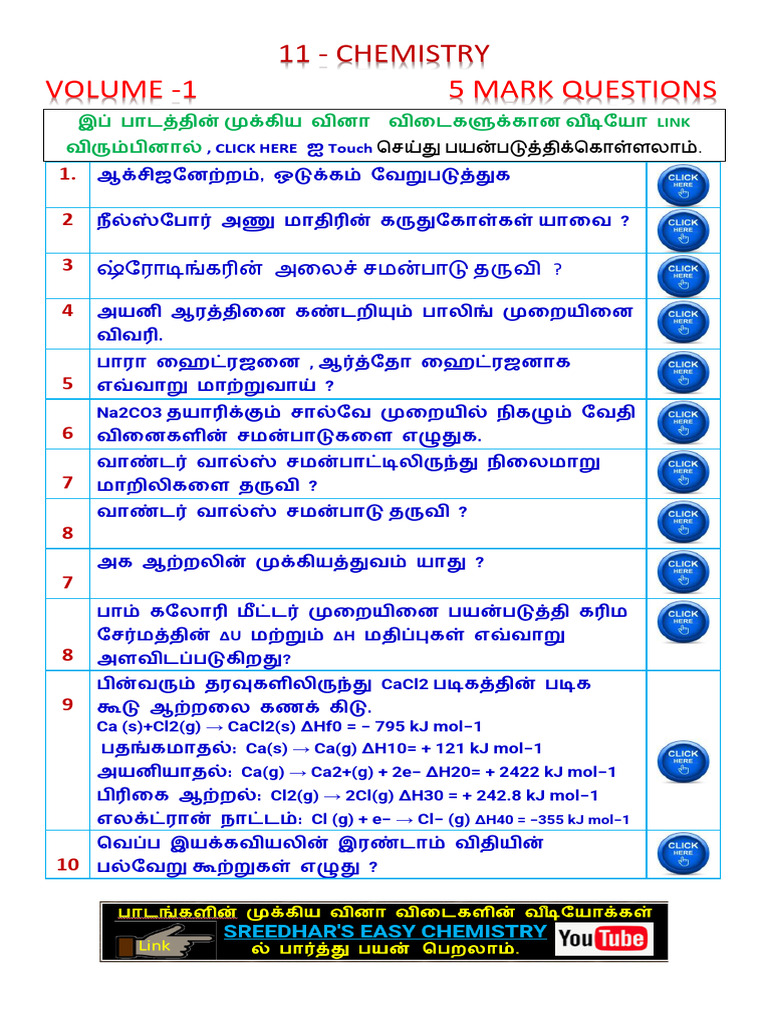 11 Chemistry Vol-1 5 Mark Questions With Video Link | PDF