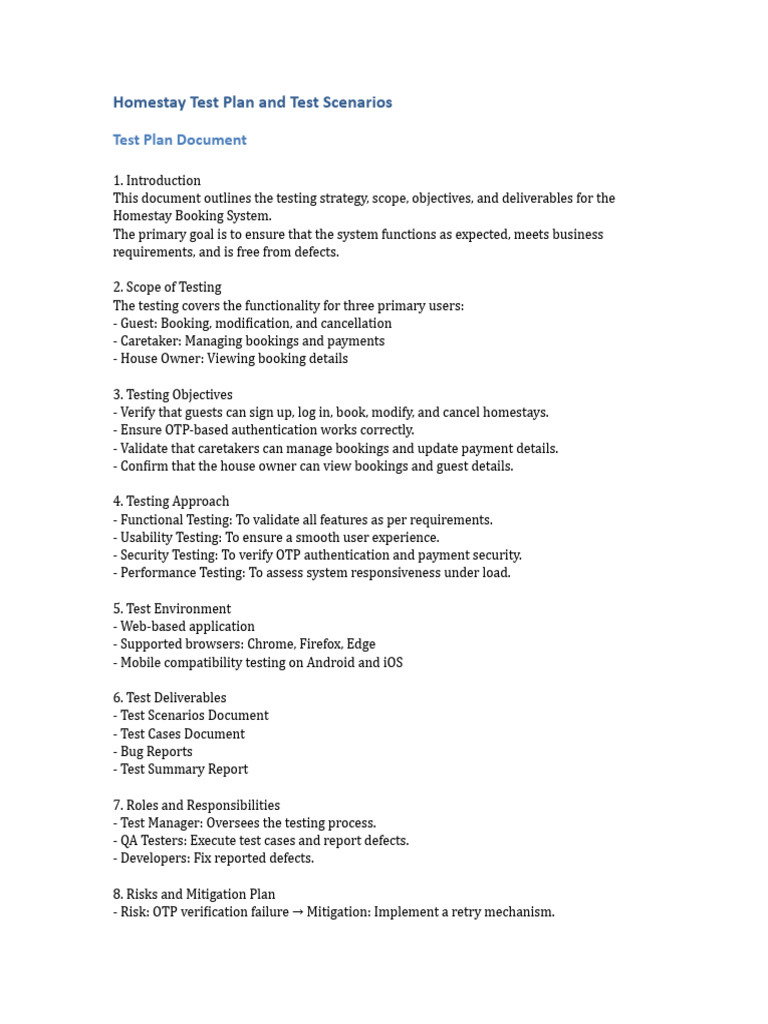 Homestay Booking System Test Plan | PDF | Software Testing | Computing