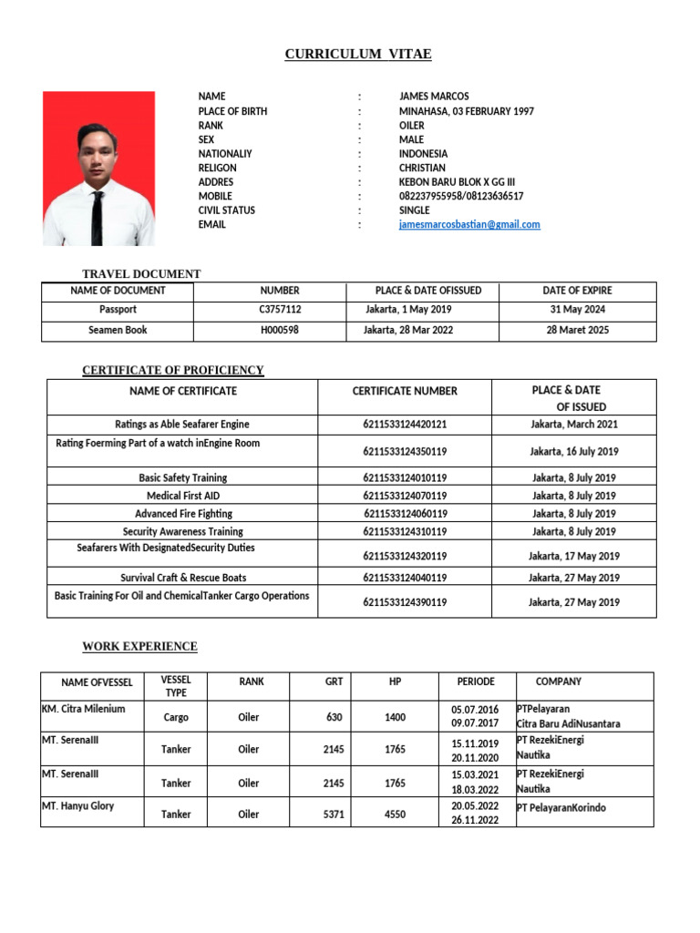CV JAMES MARCOS BASTIAN-1 | PDF | Oil Tanker | Sailor