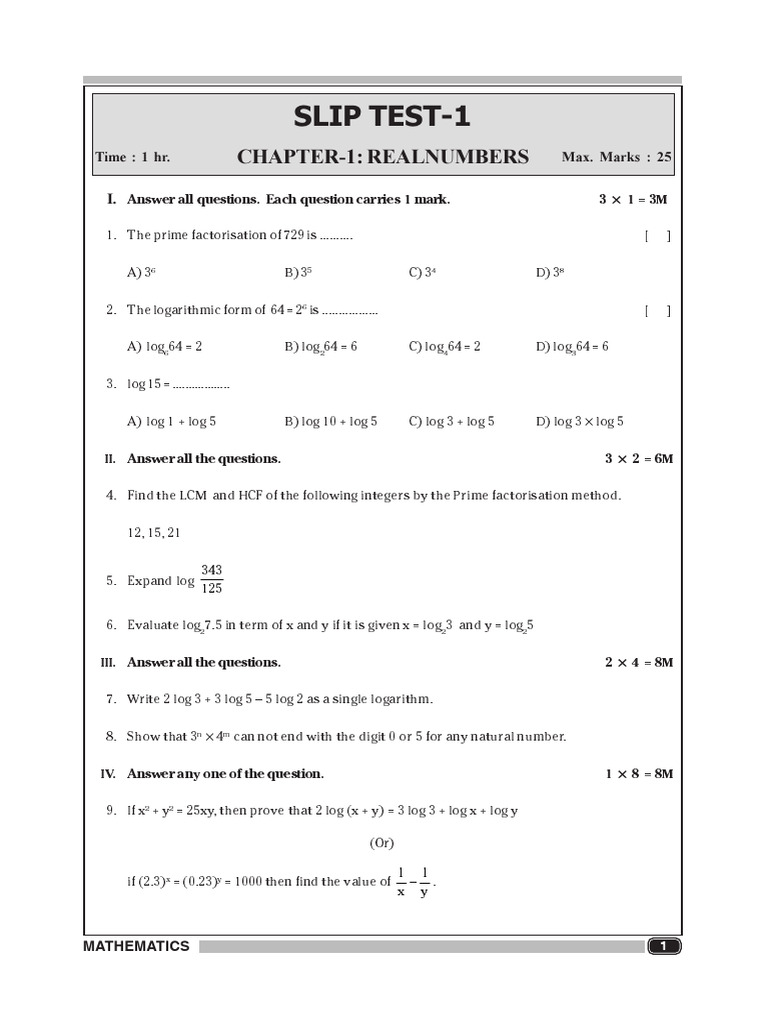 10th Maths Sliptests EM | PDF | Elementary Mathematics | Number Theory