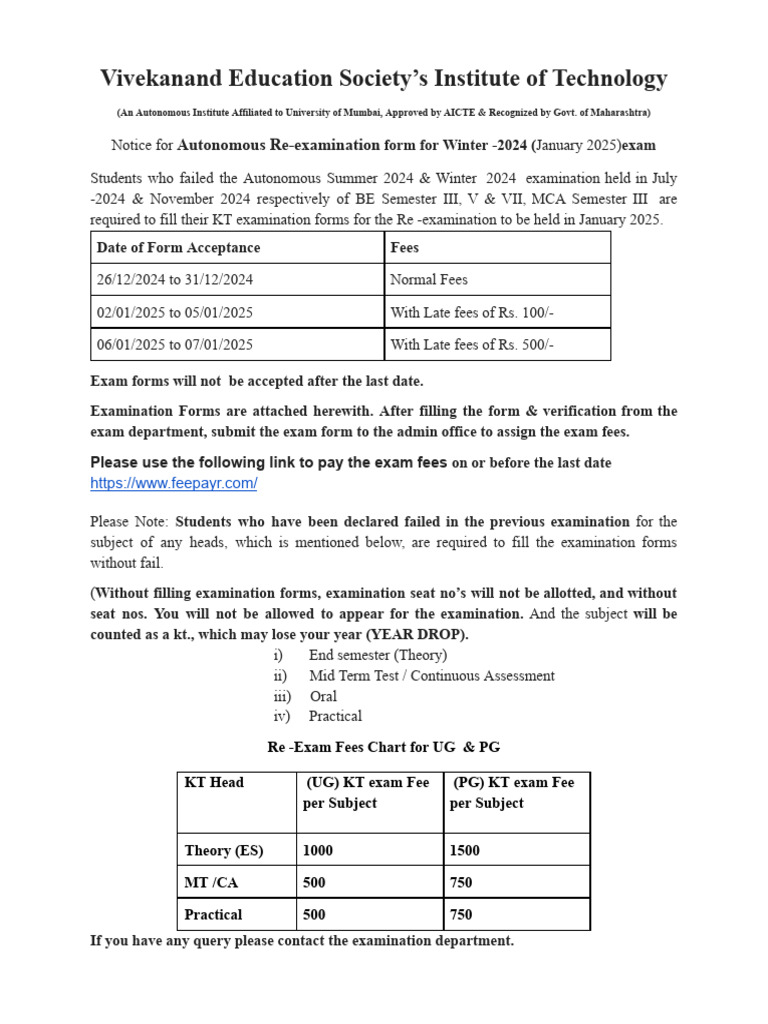 Notice For Re-Exam Form For Winter - 2024 | PDF