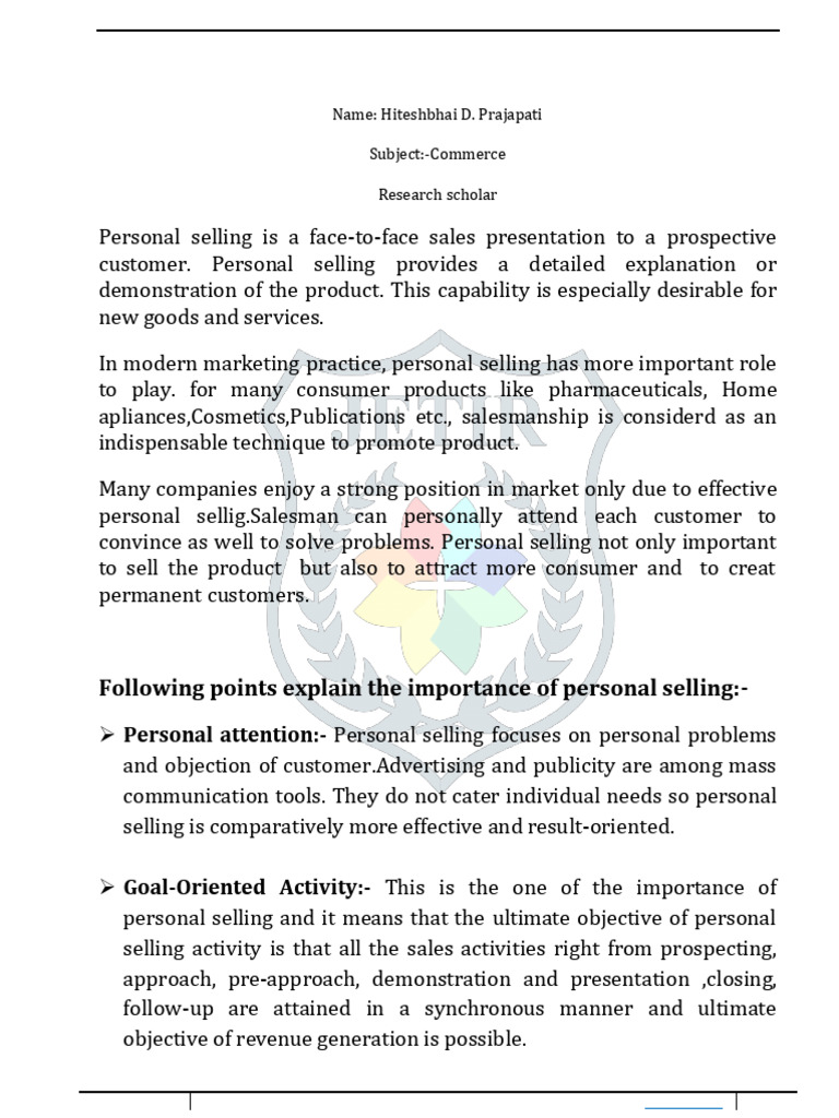 IMPORTANCE OF PERSONAL SELLING | PDF | Sales | Marketing