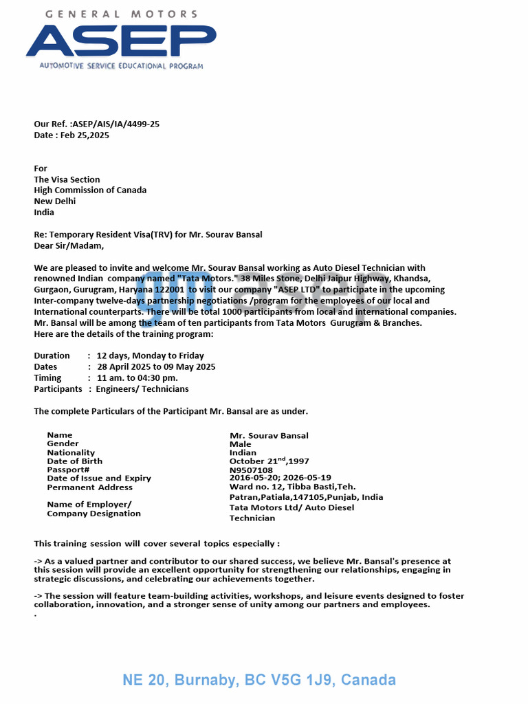 Visa Request for Sourav Bansal's Training | PDF