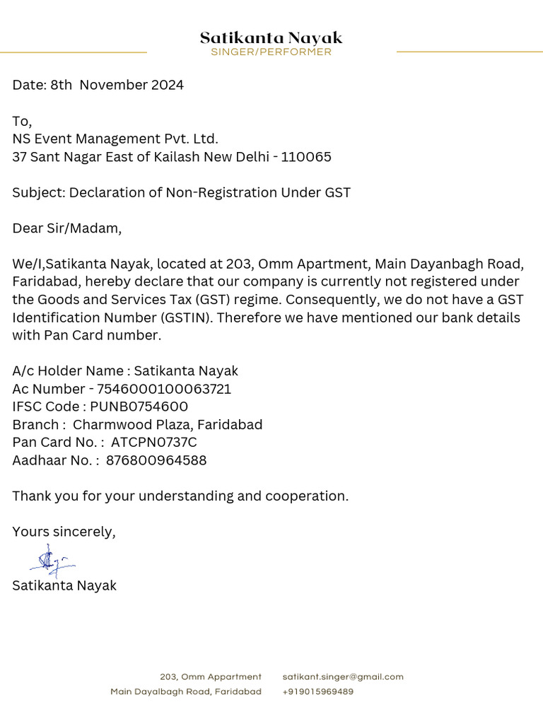 GST Non-Registration Declaration Letter | PDF