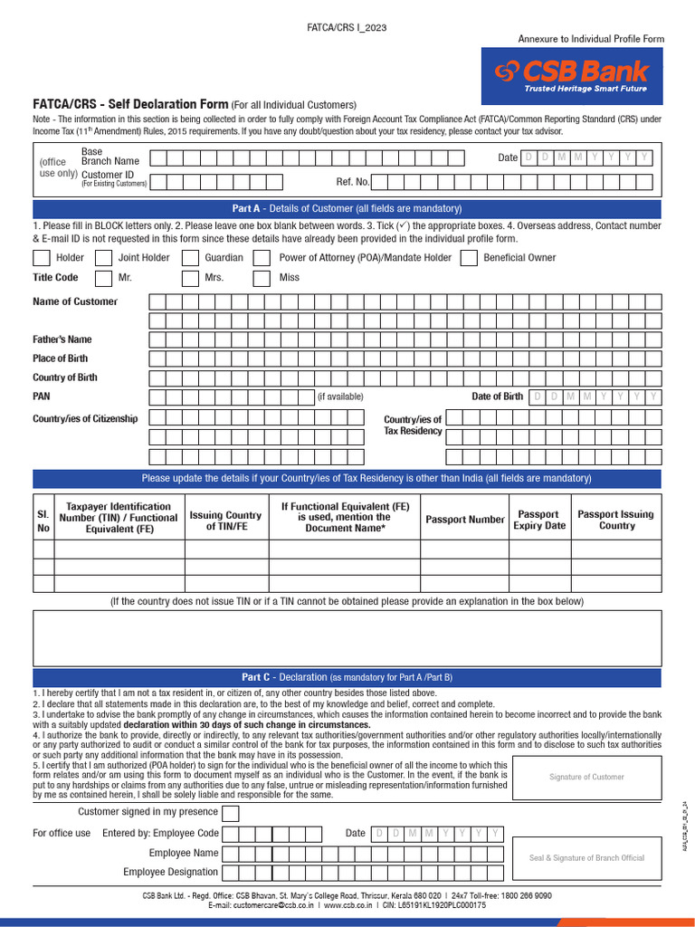 FATCA CRS Self Declaration Form For All Individual Customers 07022024 ...